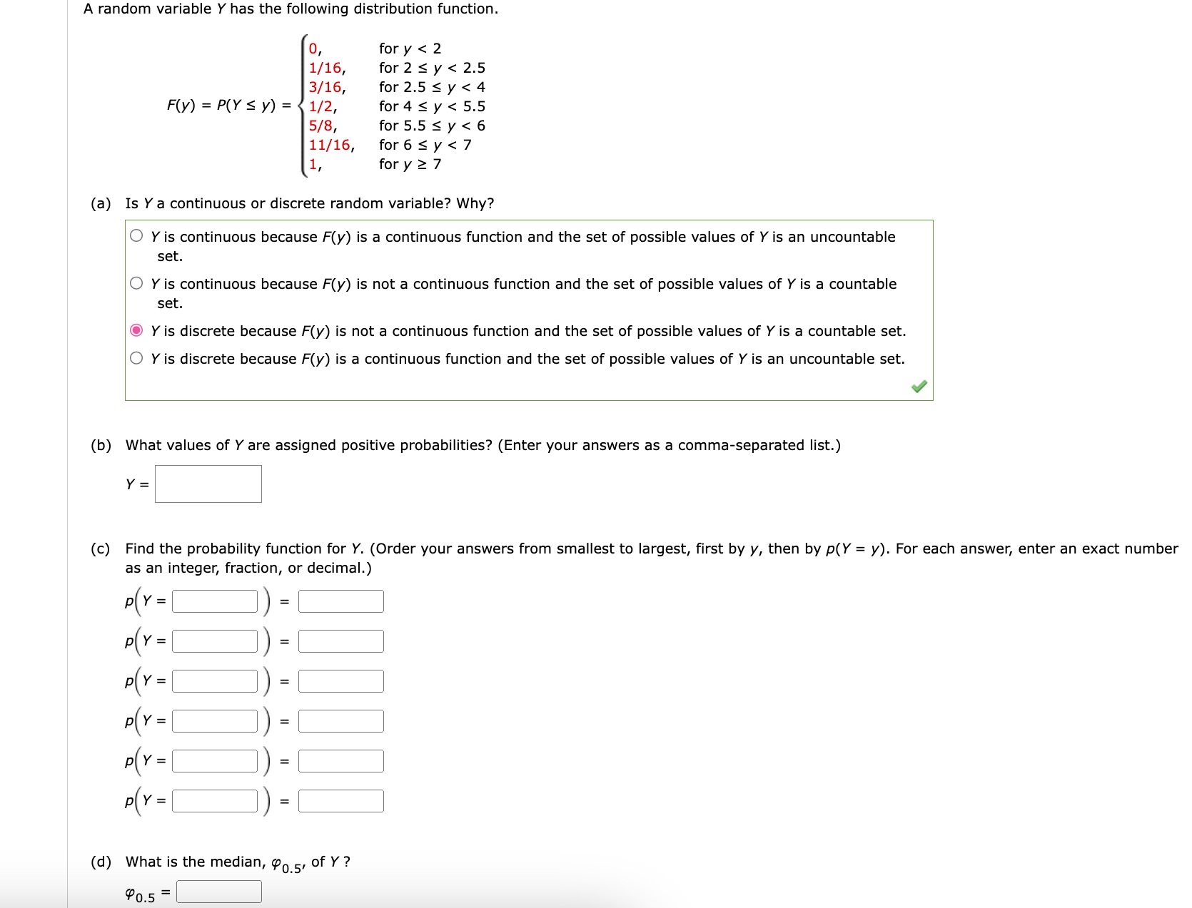 [Solved]: A random variable Y has the following distribution