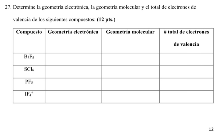 Solved 27. Determine la geometría electrónica, la geometría | Chegg.com