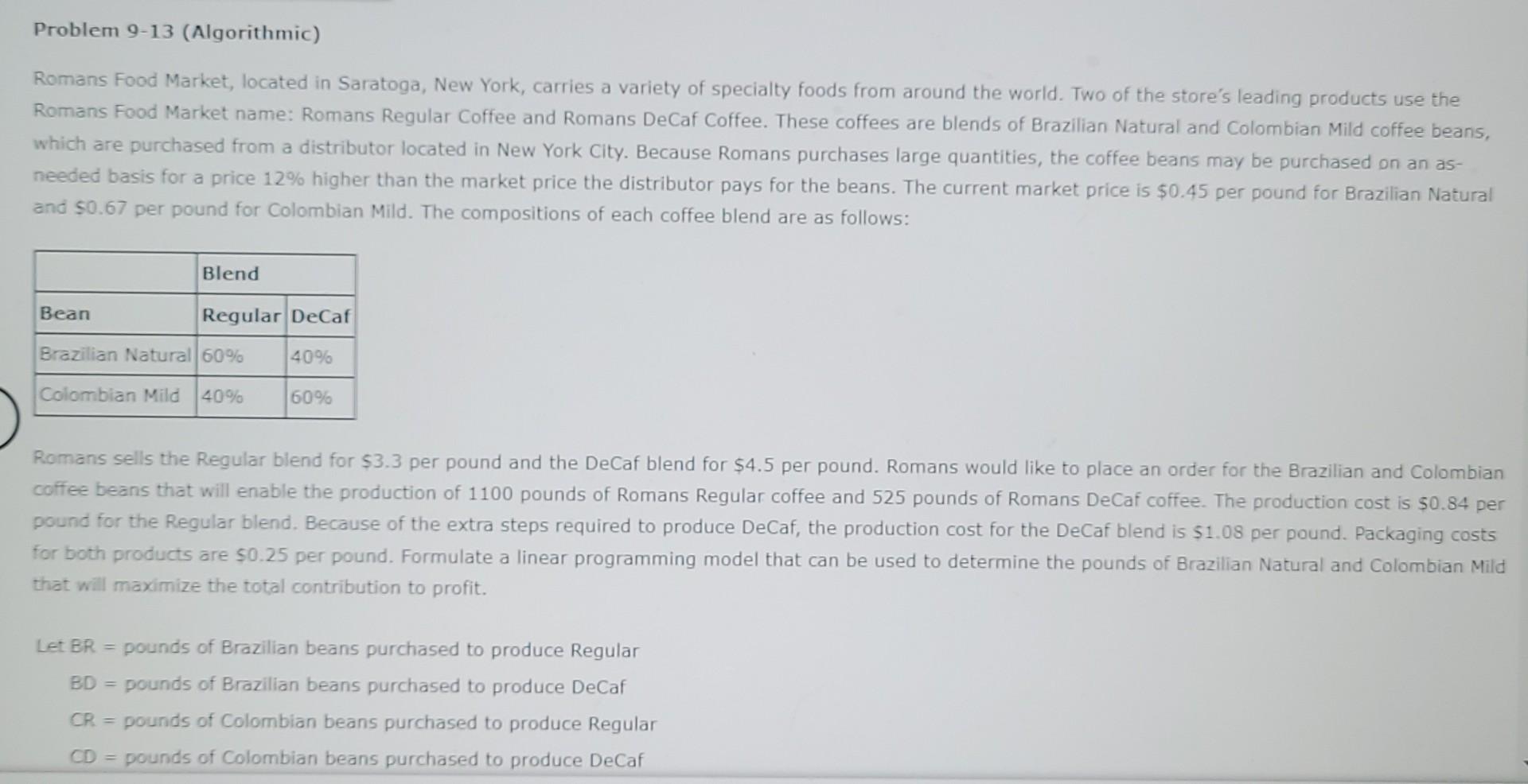 Solved Problem 9-13 (Algorithmic) Romans Food Market, | Chegg.com
