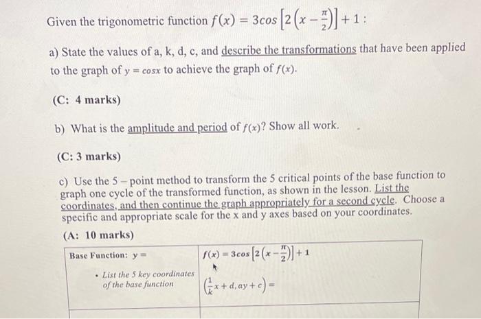 Solved Given the trigonometric function f(x)=3cos[2(x−2π)]+1 | Chegg.com