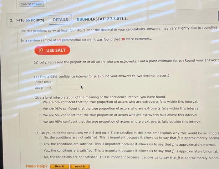 Solved Submit Answer 2. [-/16.66 Points] DETAILS For this | Chegg.com