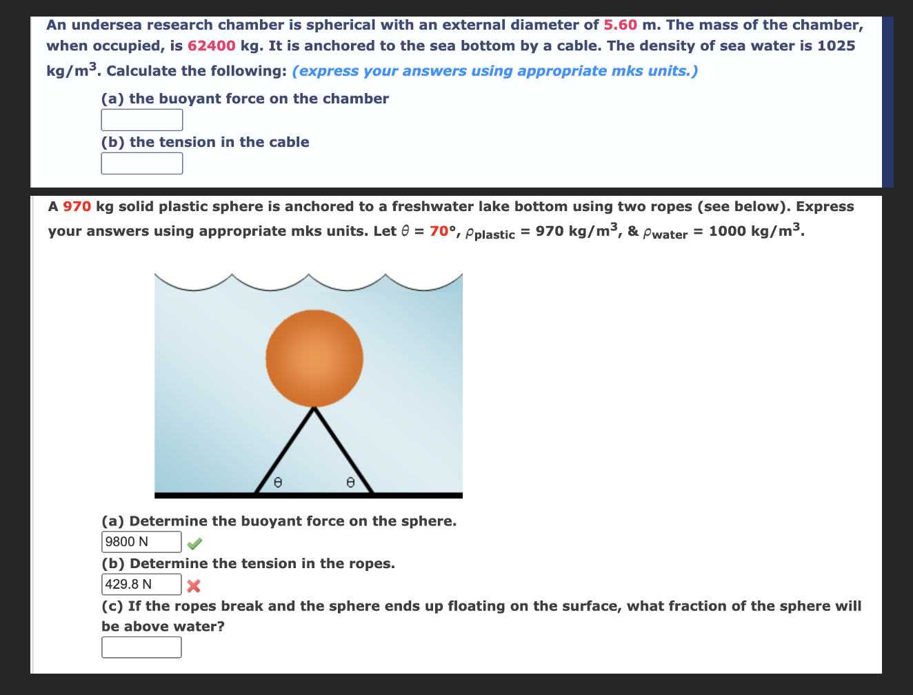 Solved Please solve bothA 970kg ﻿solid plastic sphere is | Chegg.com
