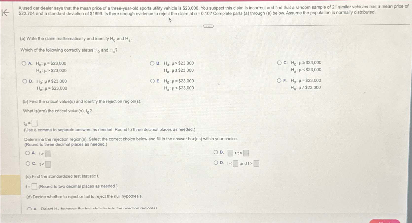 Solved A used car dealer says that the mean price of a | Chegg.com
