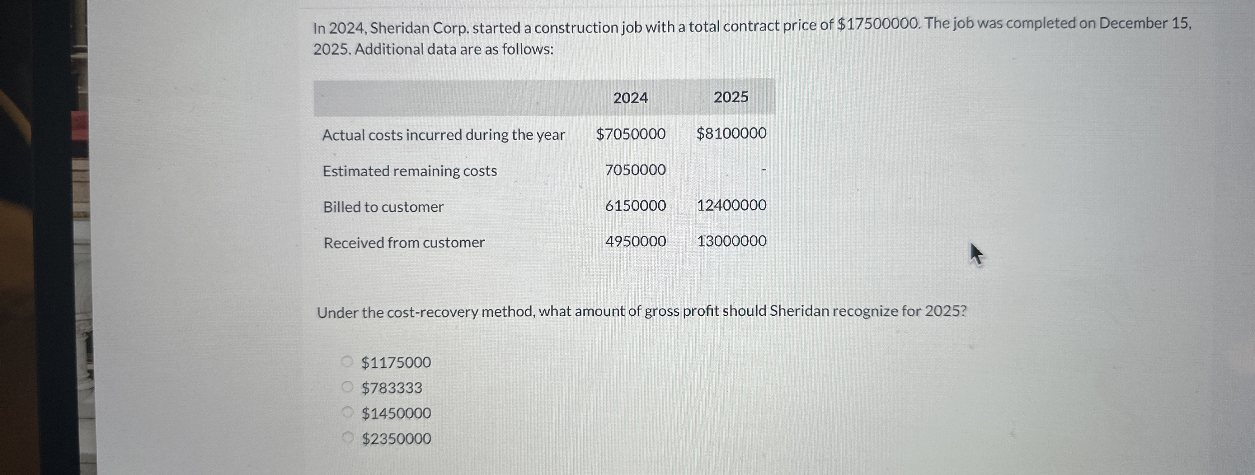Solved In 2024, ﻿Sheridan Corp. started a construction job | Chegg.com