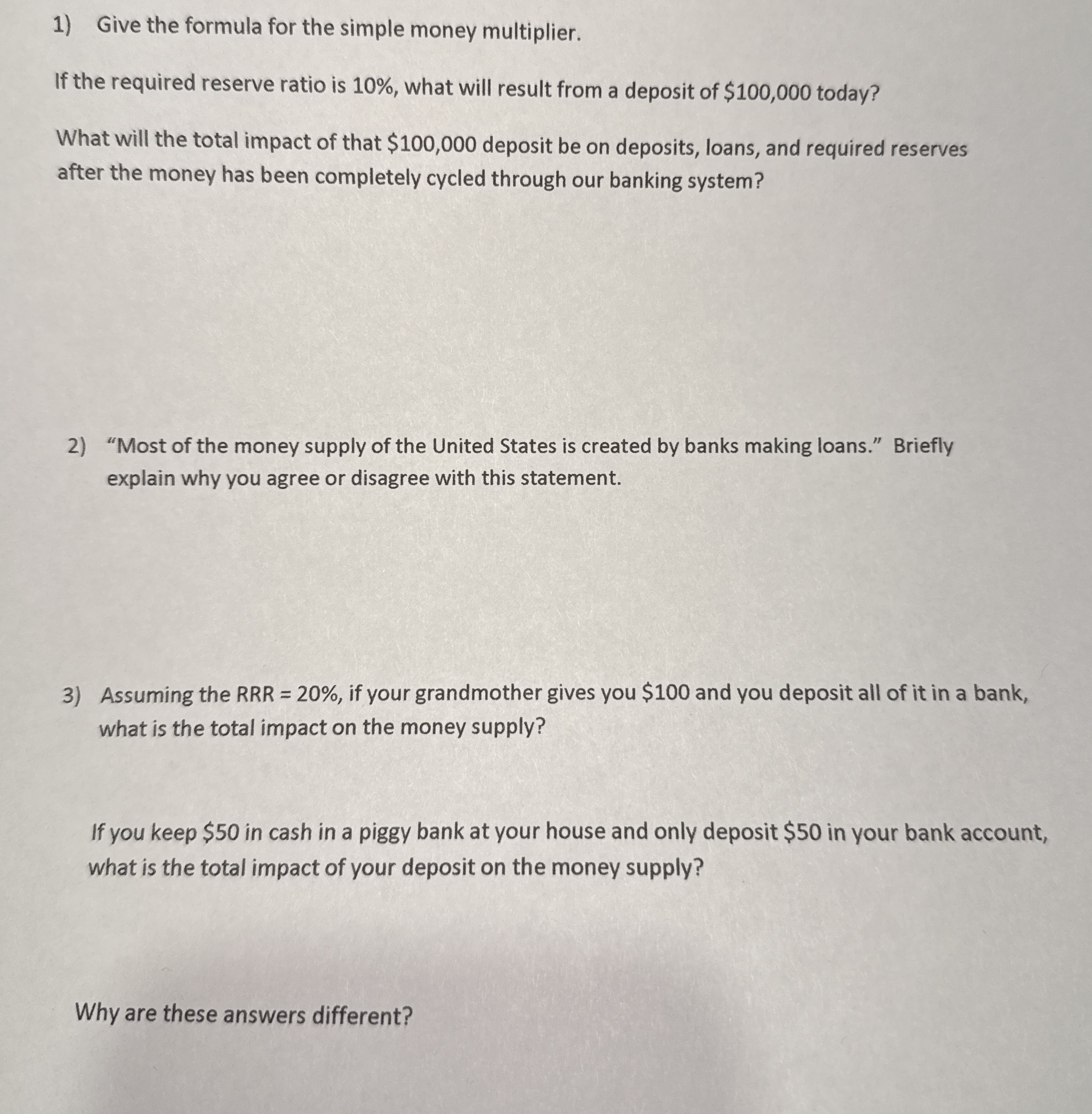 Solved Give the formula for the simple money multiplier.If | Chegg.com
