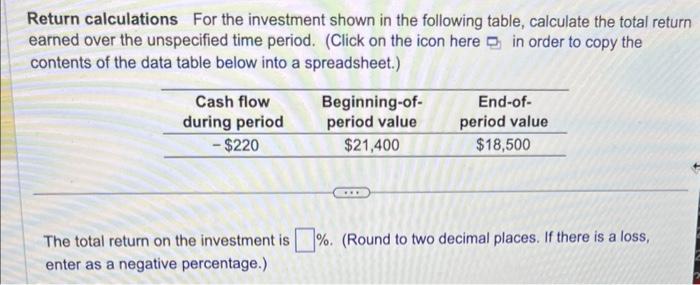 Solved Return calculations For the investment shown in the | Chegg.com
