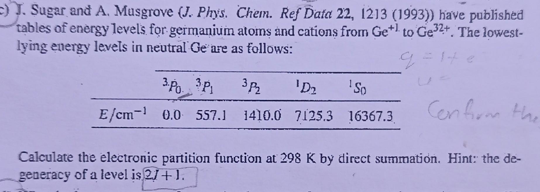 Solved J. Sugar and A. Musgrove (J. Phys. Chem. Ref Dafd 22, | Chegg.com