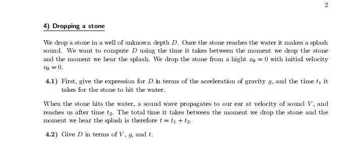 Solved 2 4) Dropping a stone We drop a stone in a well of | Chegg.com