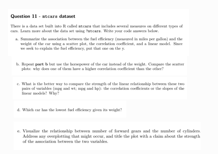 Solved Question 11 - ﻿mtcars datasetThere is a data set | Chegg.com