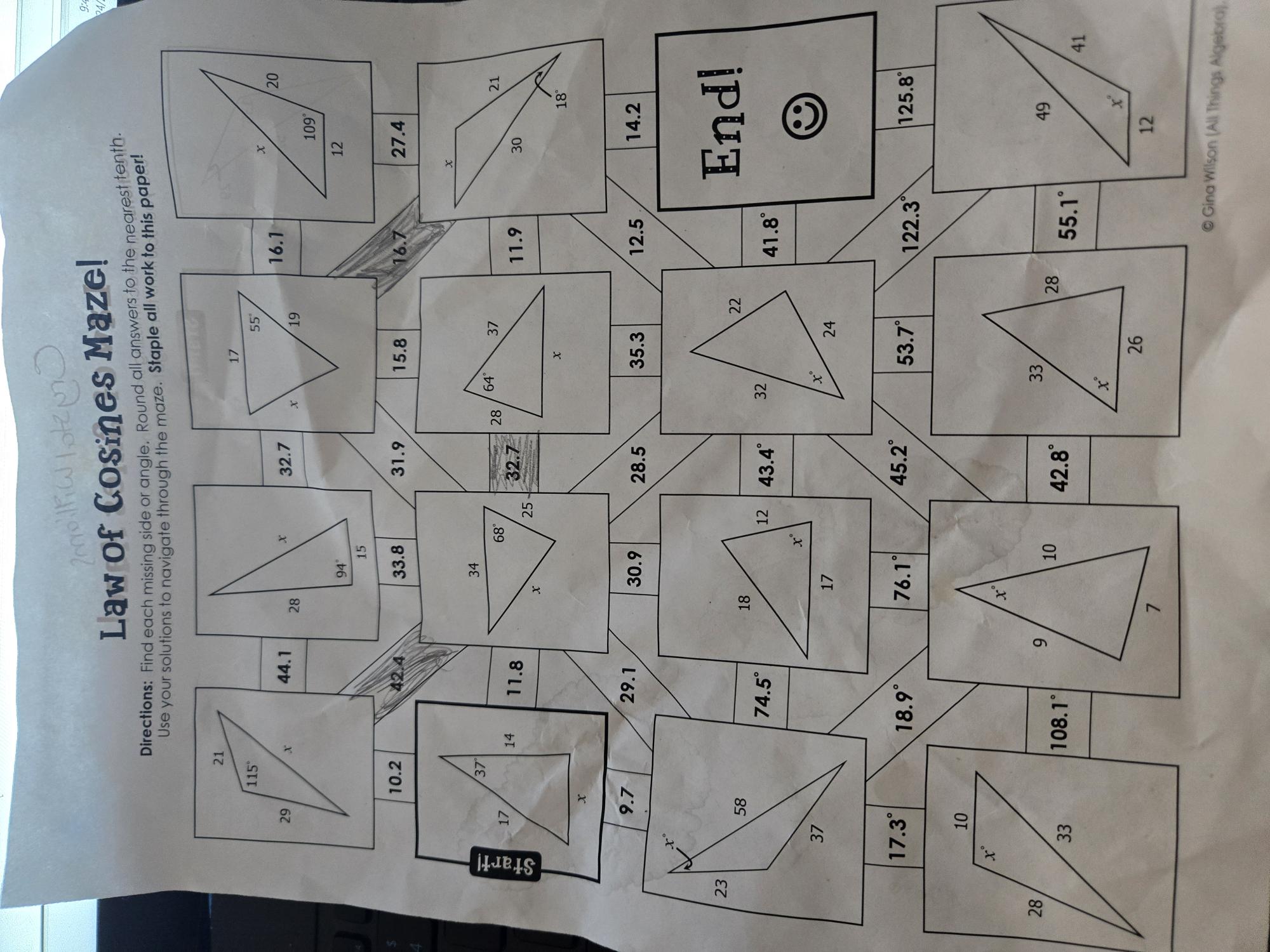 Solved Law of Cosines Maze!Directions: Find each missing | Chegg.com