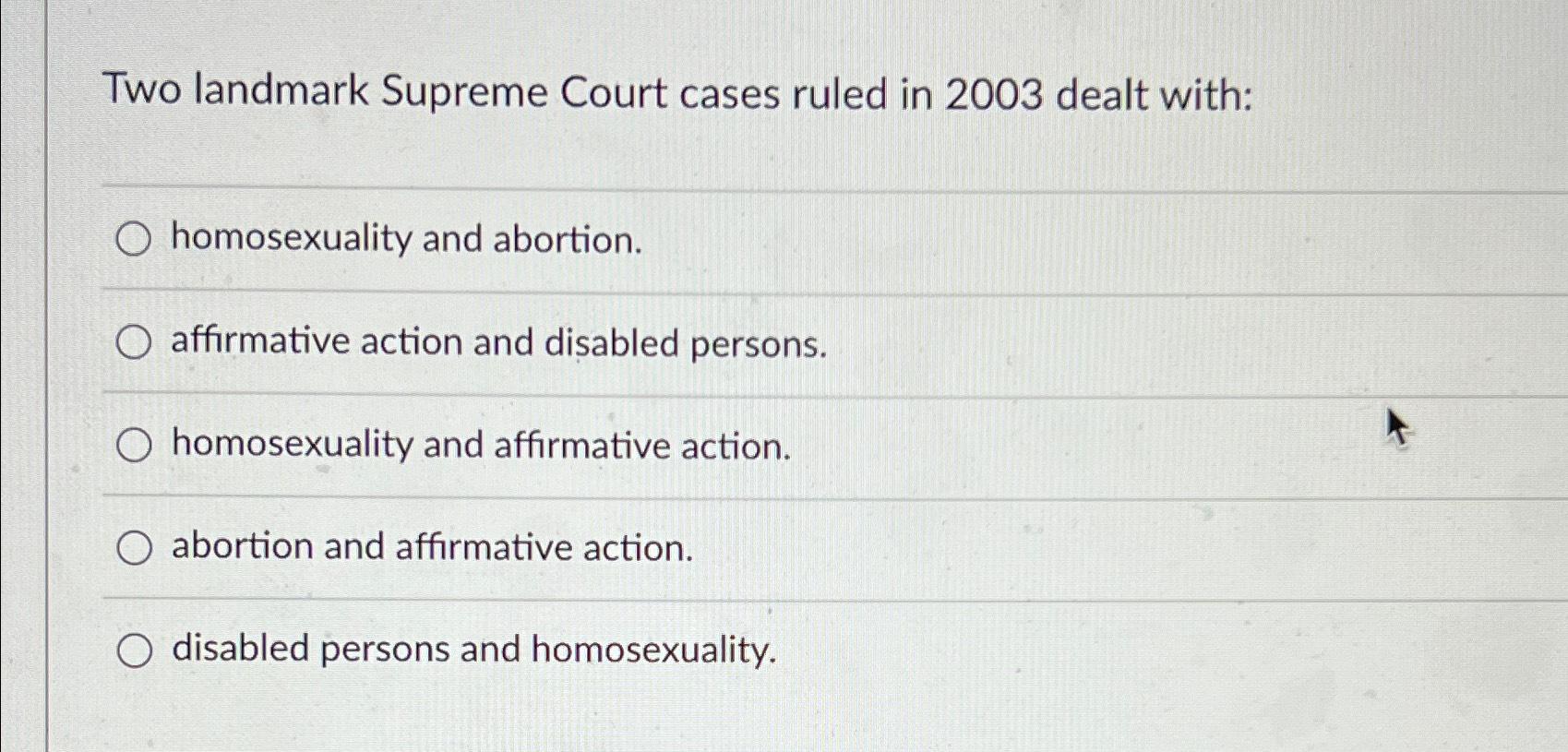 Solved Two landmark Supreme Court cases ruled in 2003 ﻿dealt | Chegg.com