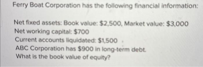 Solved Ferry Boat Corporation has the following financial | Chegg.com