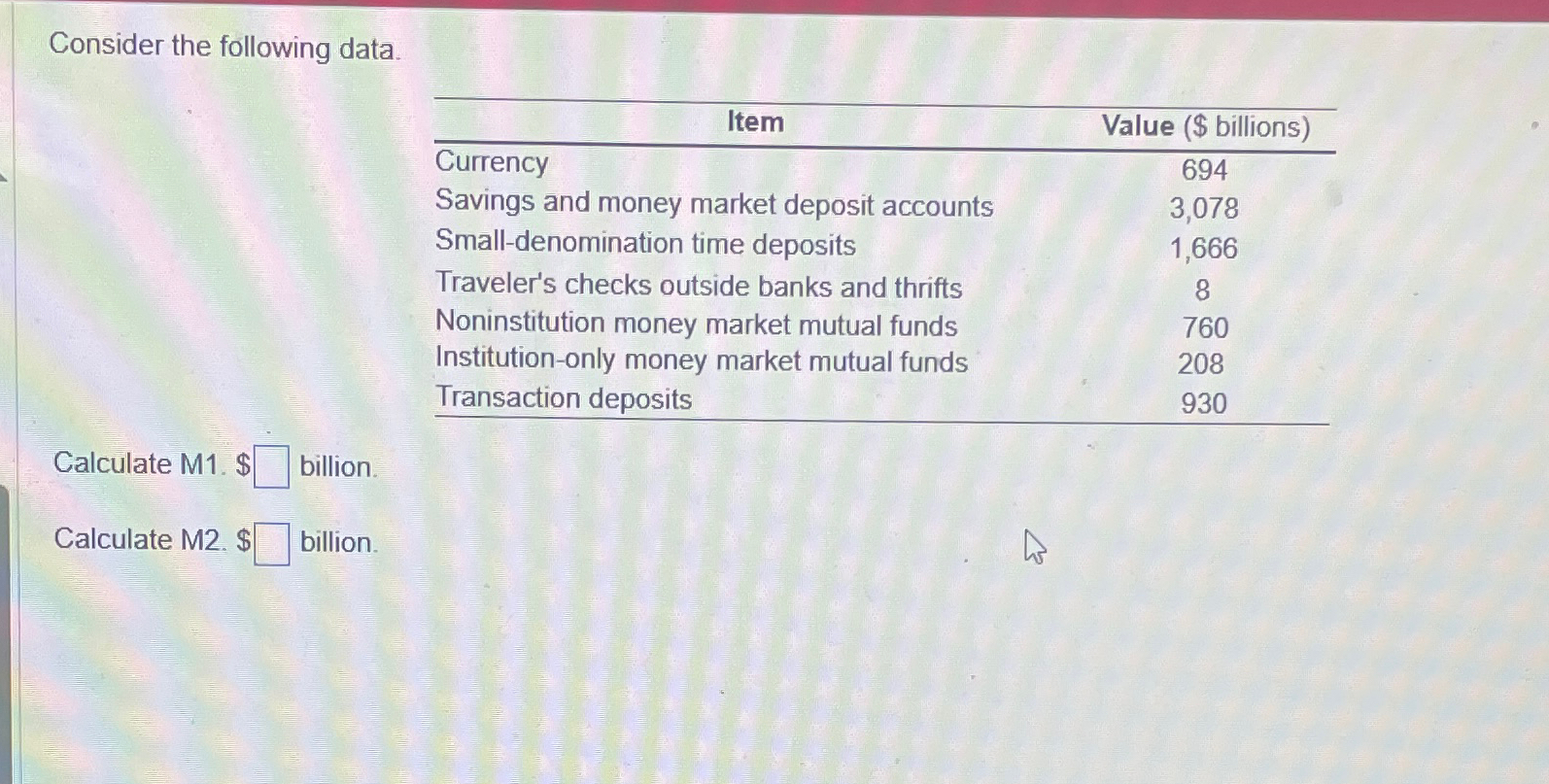 Solved Consider the following data.\table[[Item,Value ($ | Chegg.com