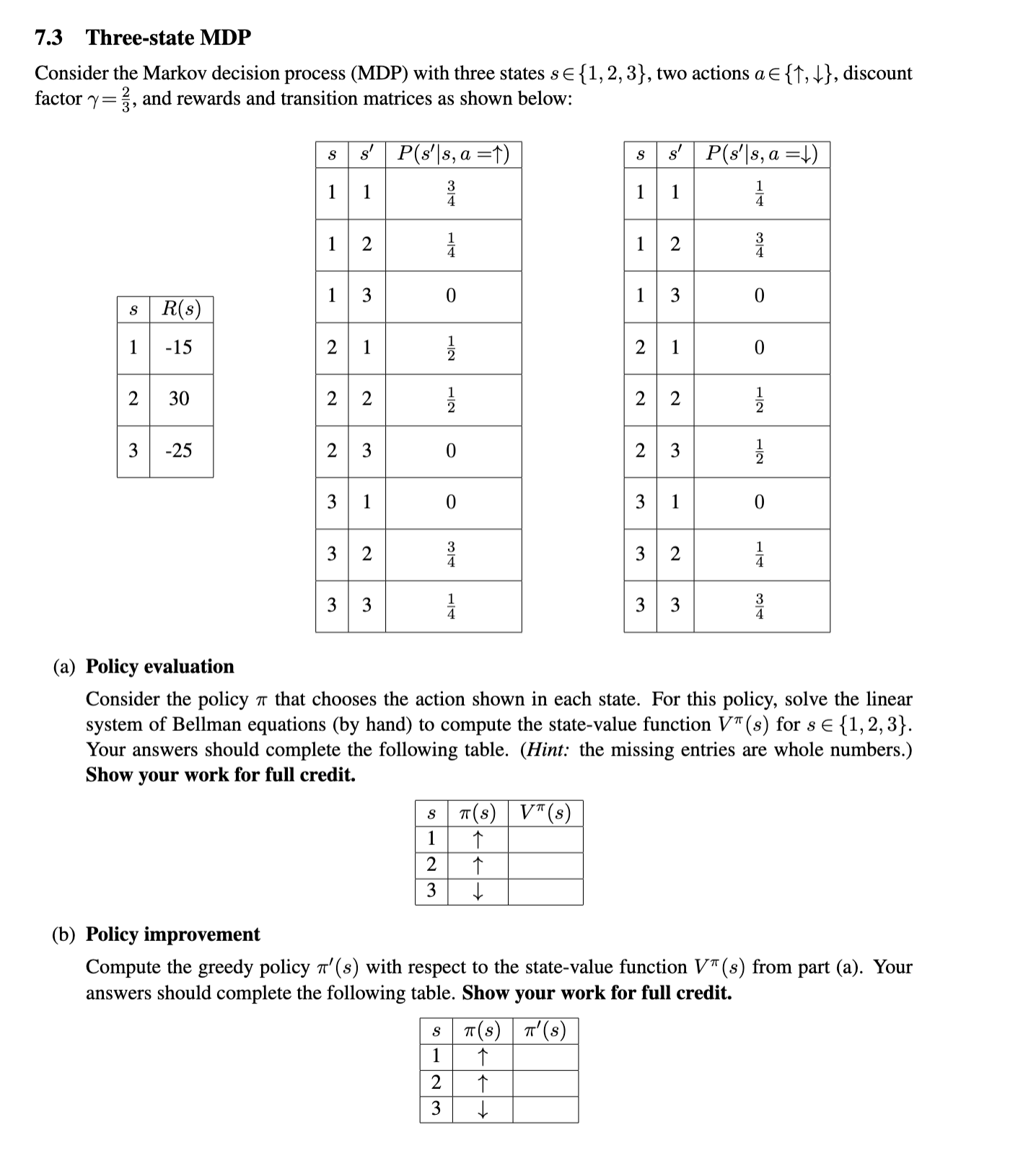Solved 7.3 ﻿Three-state MDPConsider the Markov decision | Chegg.com