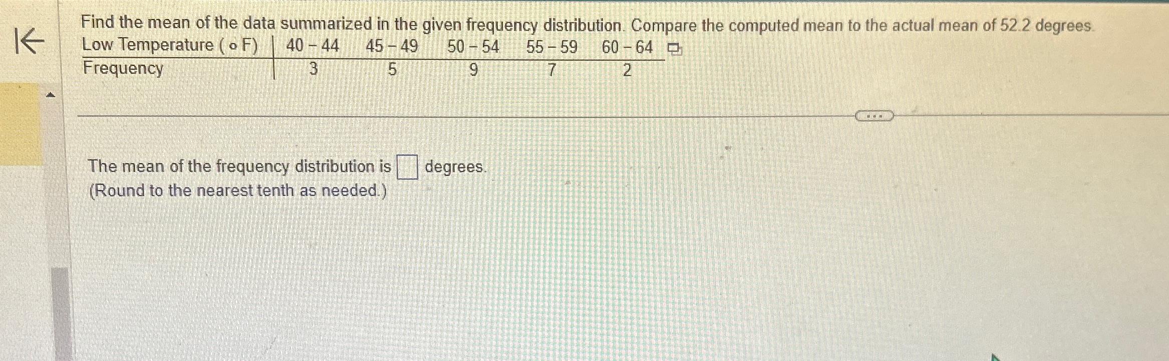 Solved Find the mean of the data summarized in the given | Chegg.com