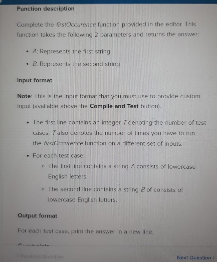 Solved Function descriptionComplete the firstOccurence | Chegg.com