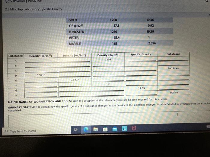 Solved 2.3 MindTap Laboratory: Specific Gravity MAINIENANCE | Chegg.com