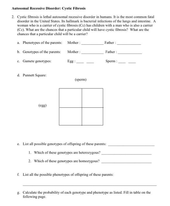 Solved Autosomal Recessive Disorder:Cystic Fibrosis 2. | Chegg.com