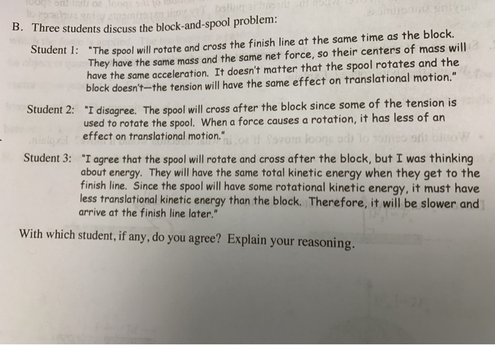 Solved SOS Three students discuss the block-and-spool | Chegg.com