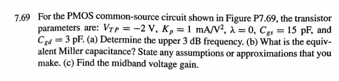 7.69 ﻿For the PMOS common-source circuit shown in | Chegg.com