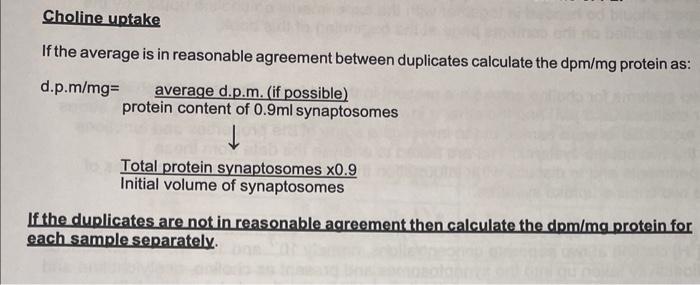 Calculate the choline uptake (d.p.m./mg protein) in | Chegg.com