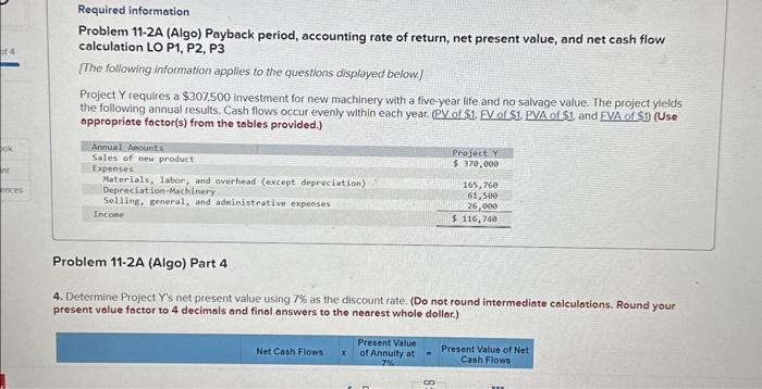 Solved Required information Problem 11-2A (Algo) Payback | Chegg.com