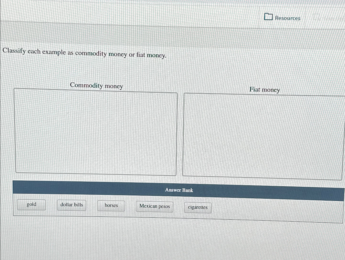 Solved ResourcesClassify each example as commodity money or | Chegg.com