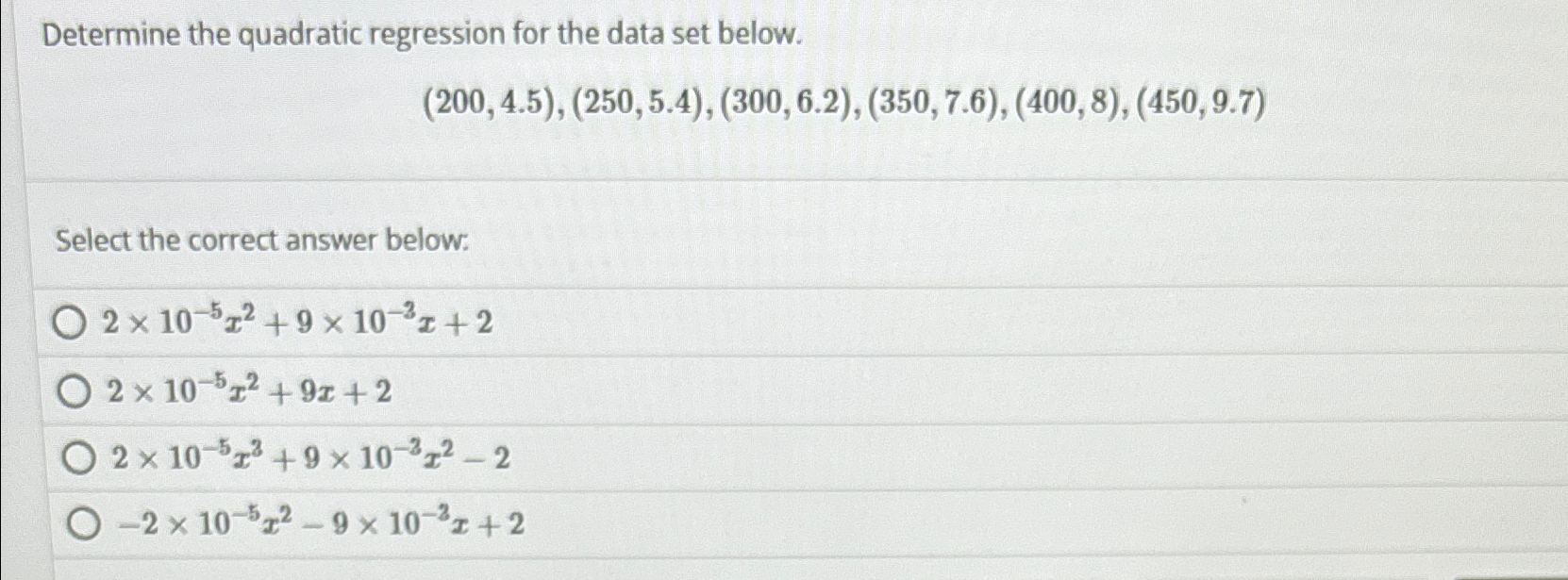 Determine the quadratic regression for the data set | Chegg.com