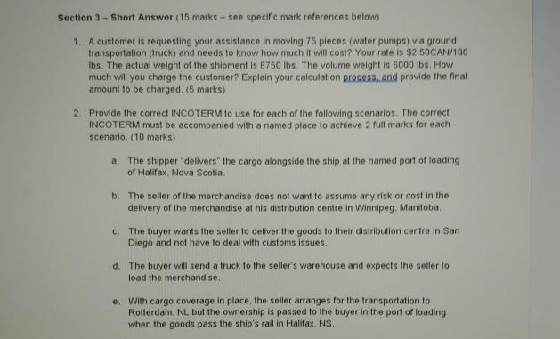 Solved Section 3 - ﻿Short Answer ( 15 ﻿marks - ﻿see specific | Chegg.com