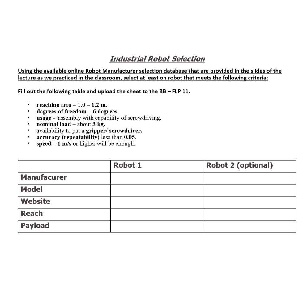 Solved Industrial Robot SelectionUsing the available online | Chegg.com