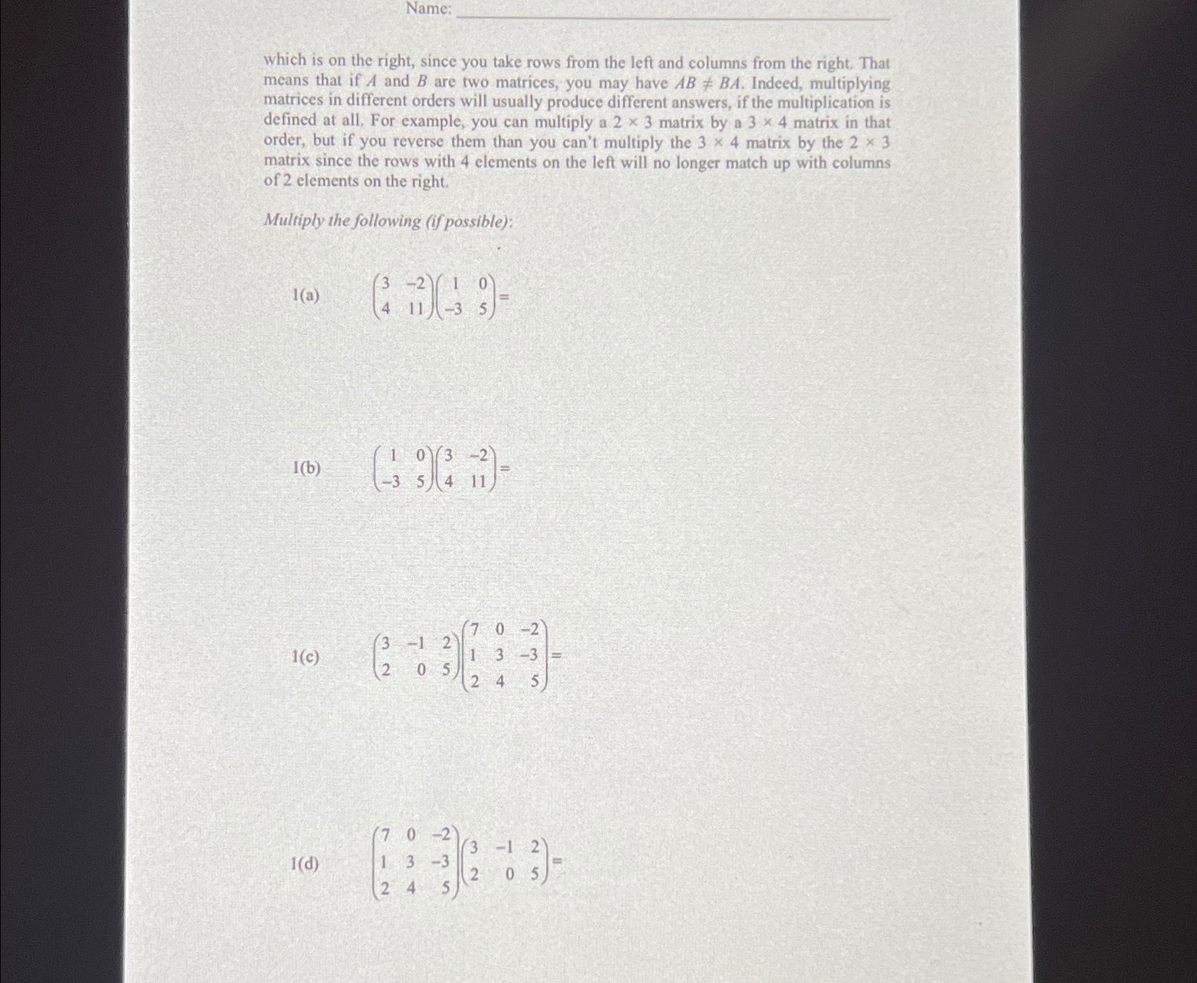 Solved Name:which is on the right, since you take rows from | Chegg.com