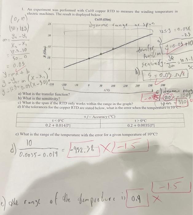 Solved 1. An experiment was performed with Cul0 copper RTD | Chegg.com