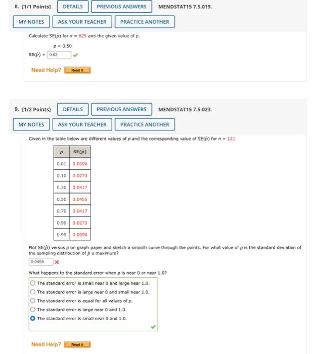 Solved Calculate SE(p^) for n=625 and the given value of p. | Chegg.com