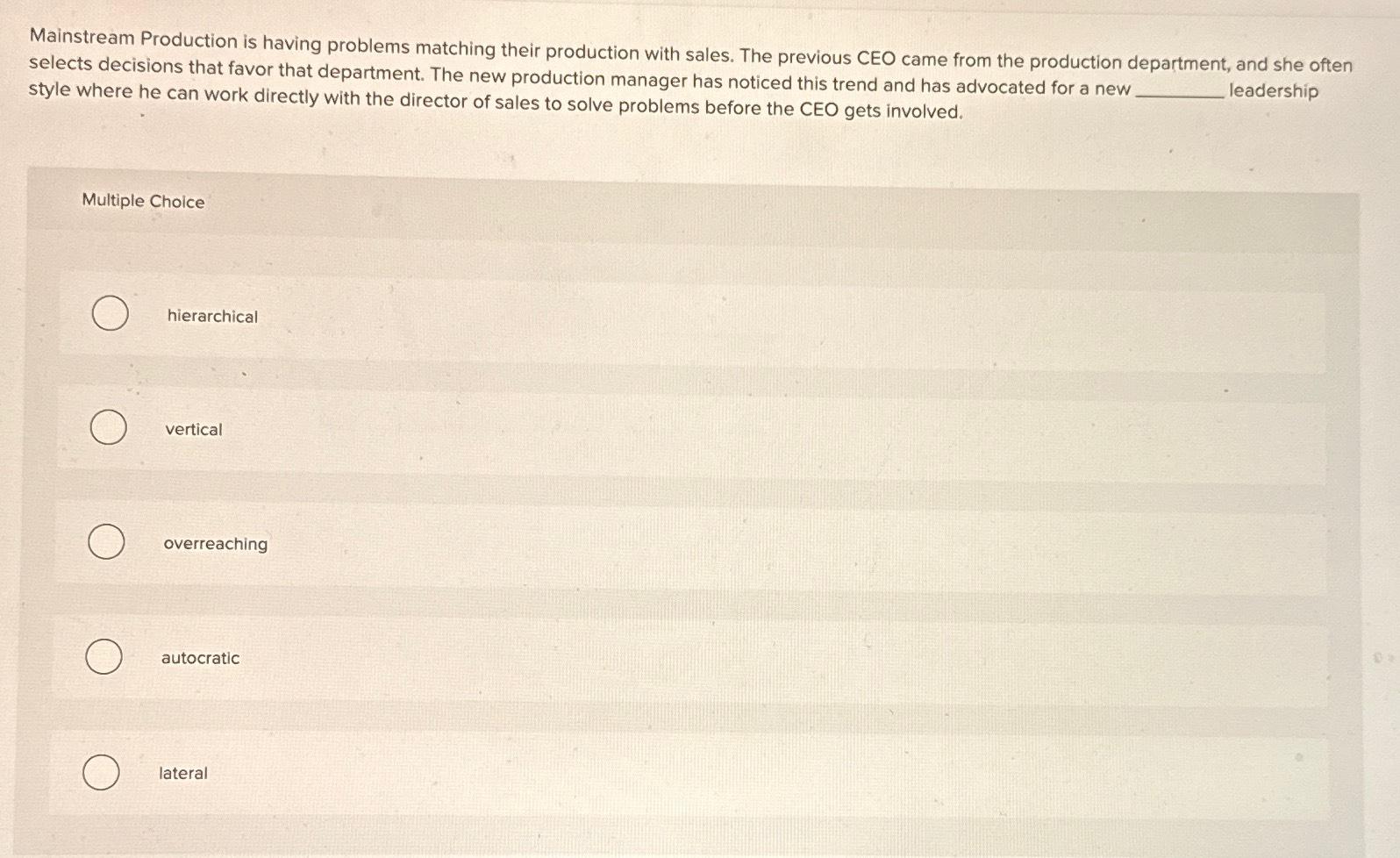 Solved Mainstream Production is having problems matching | Chegg.com