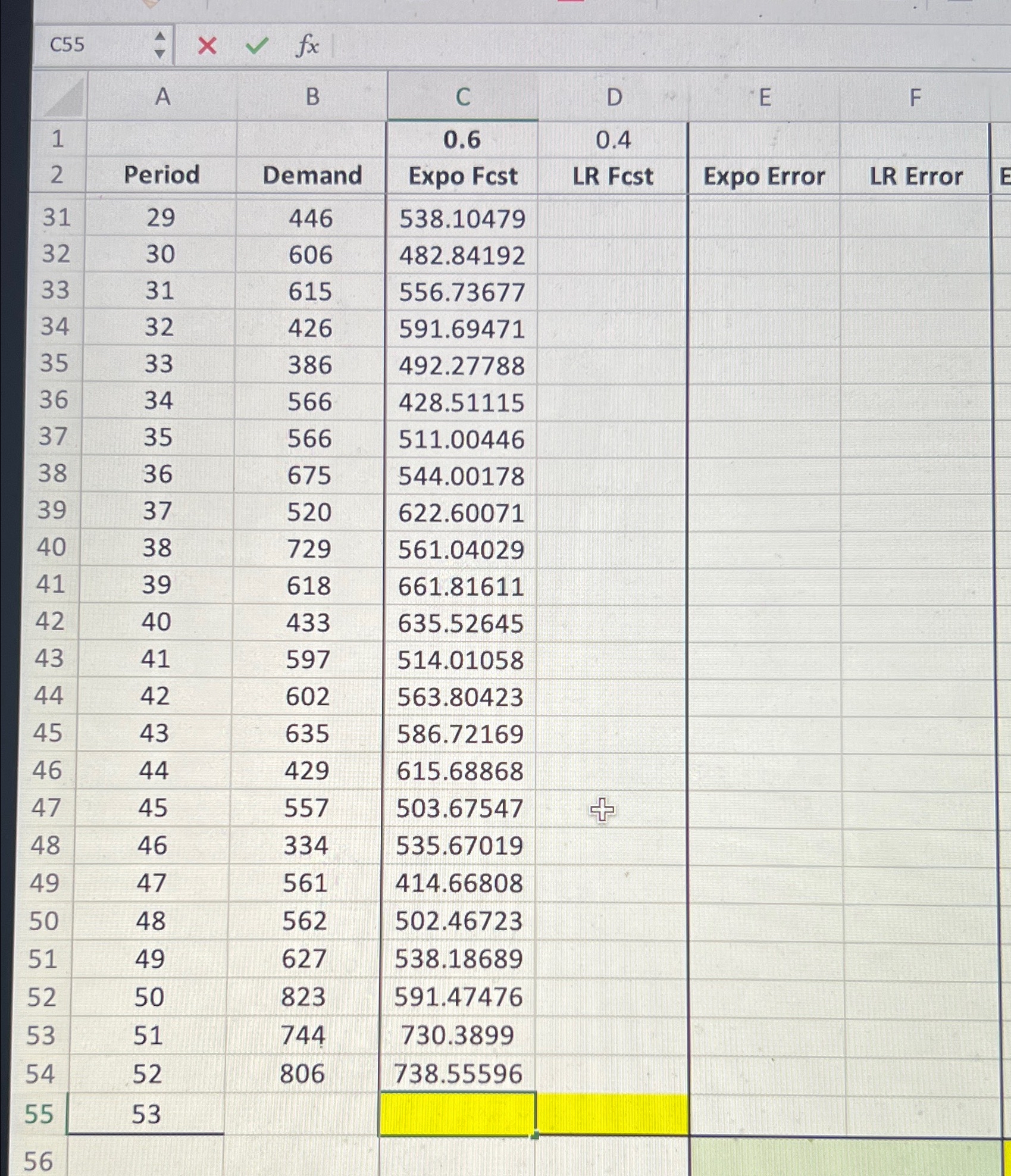 Solved Create a forecast for period 53 ﻿using an exponential | Chegg.com