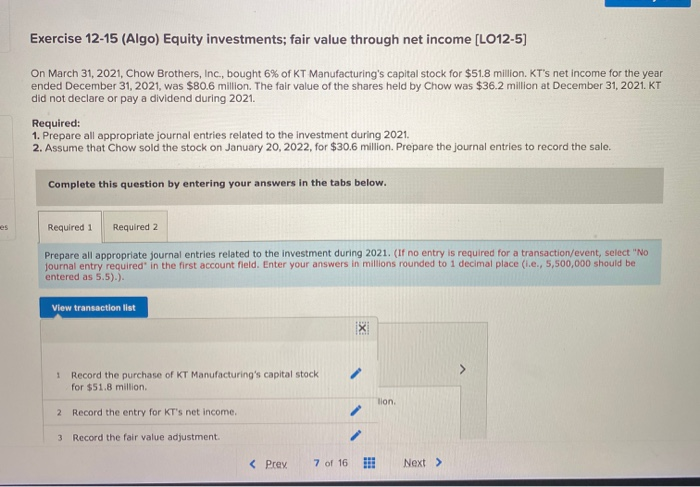 Solved Exercise 12-15 (Algo) Equity investments; fair value | Chegg.com