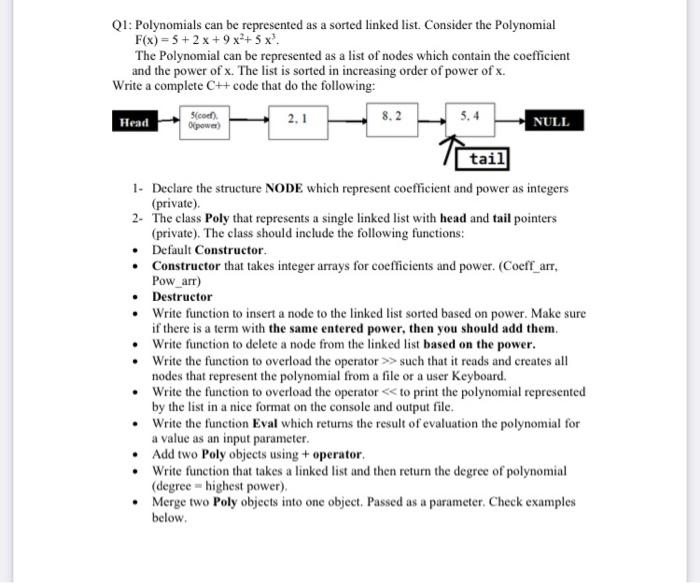 Solved Q1: Polynomials can be represented as a sorted linked | Chegg.com