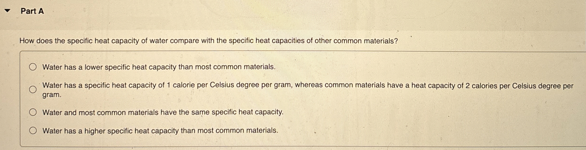 Solved Part AHow does the specific heat capacity of water | Chegg.com
