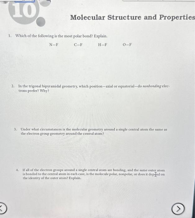Solved Molecular Structure and Properties 1. Which of the | Chegg.com
