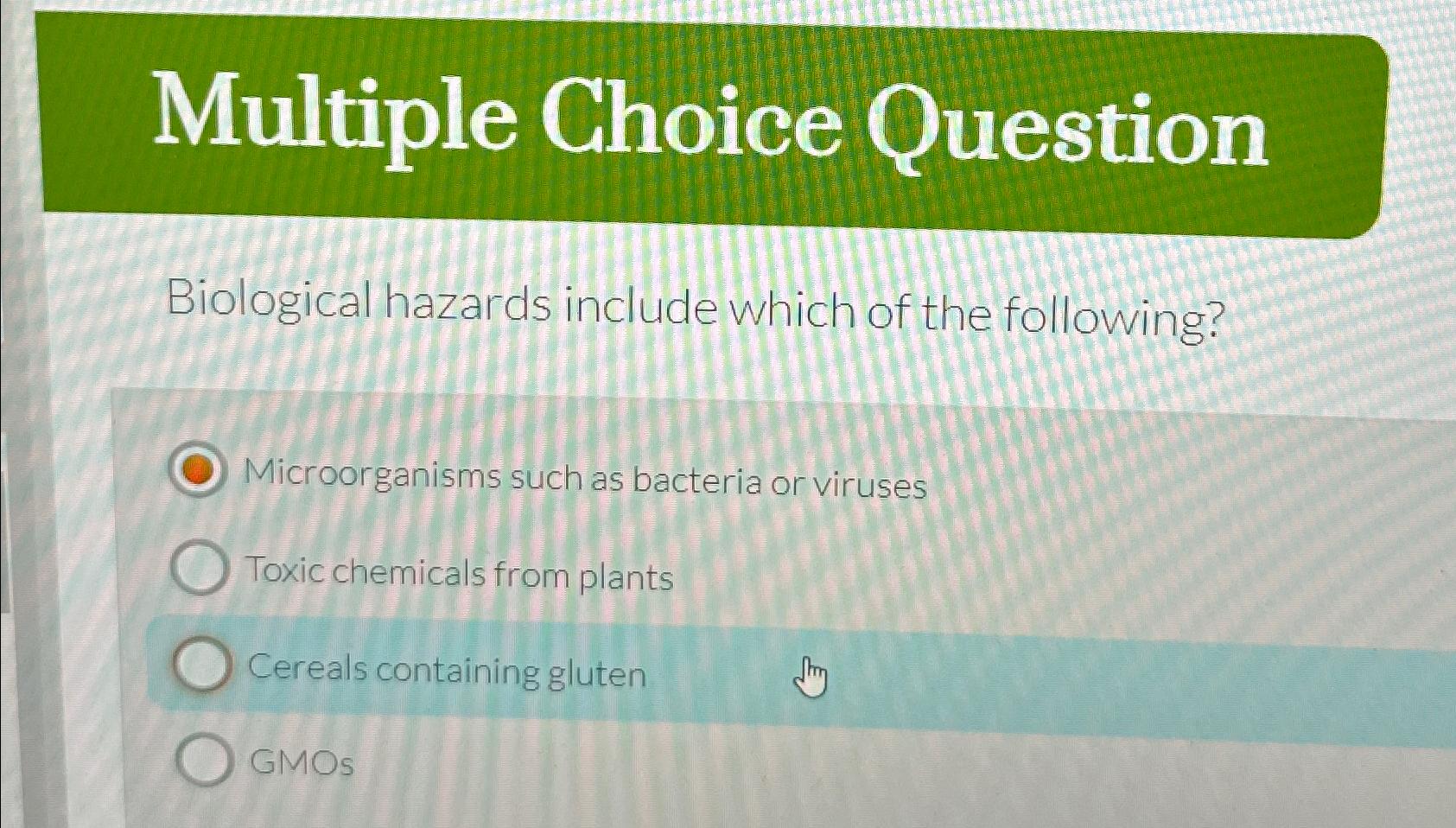 Solved Multiple Choice QuestionBiological hazards include | Chegg.com