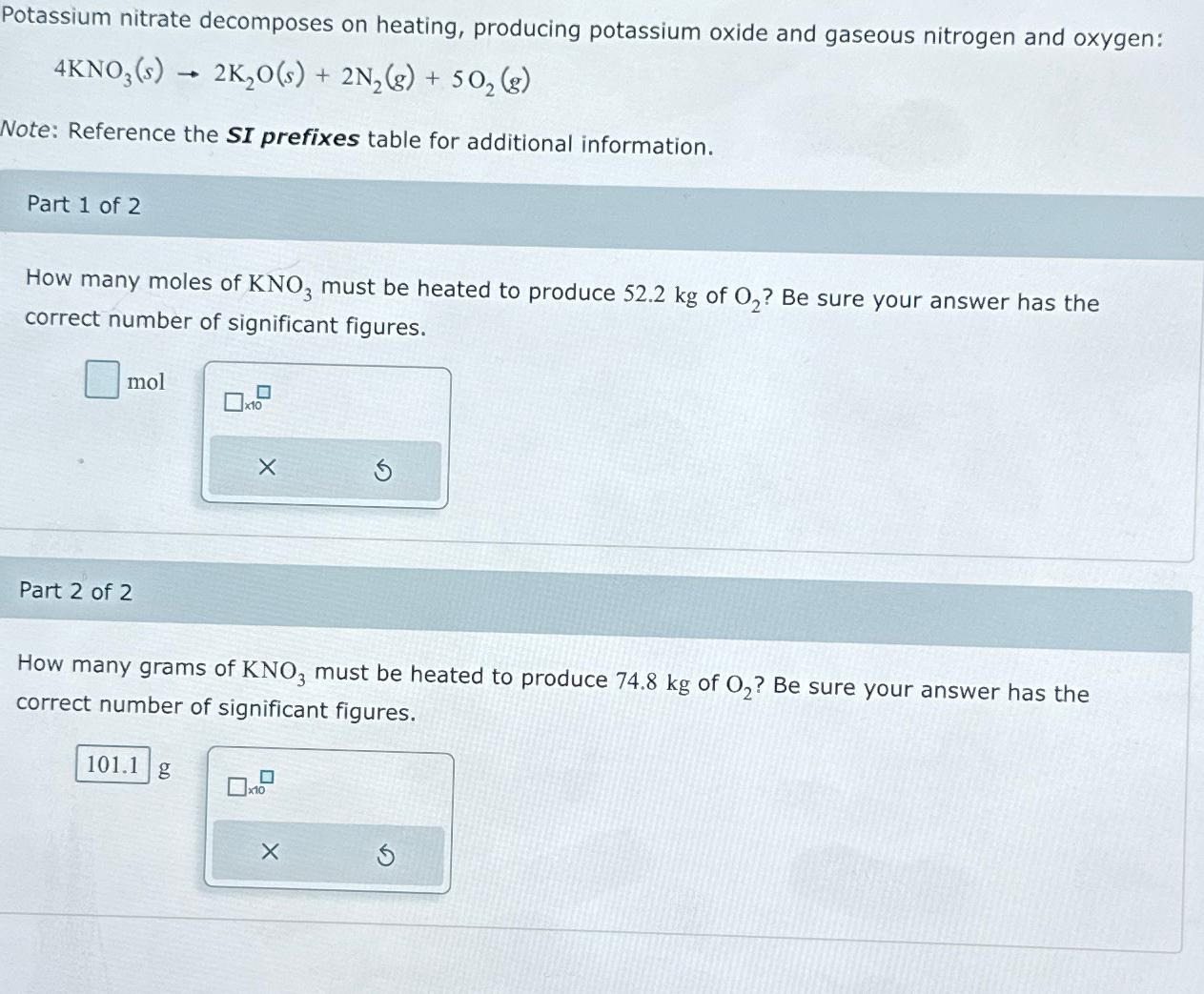 Solved Potassium nitrate decomposes on heating, producing | Chegg.com