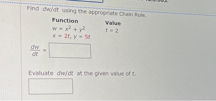 Solved Find dw/dt using the appropriate Chain Rule. Function | Chegg.com