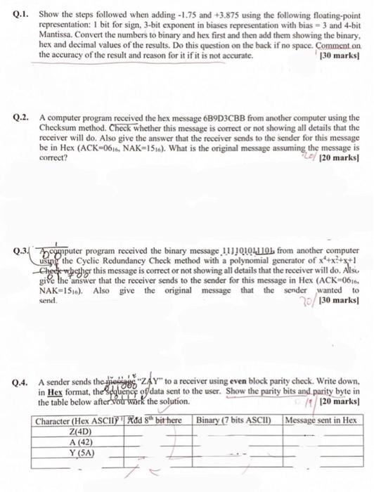 Solved Q.1. Show the steps followed when adding −1.75 and | Chegg.com