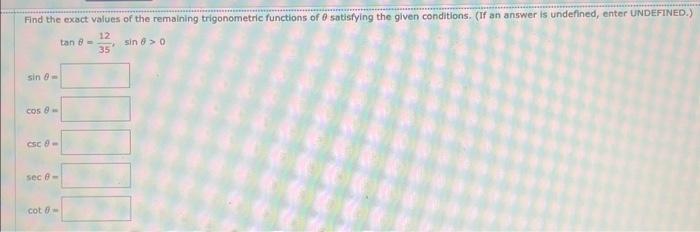 Solved Find the exact values of the remaining trigonometric | Chegg.com