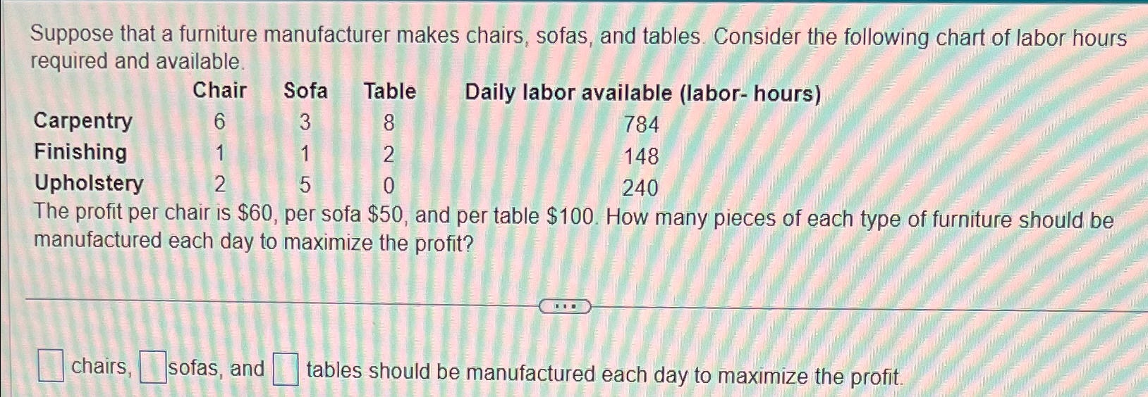 Solved Suppose that a furniture manufacturer makes chairs, | Chegg.com