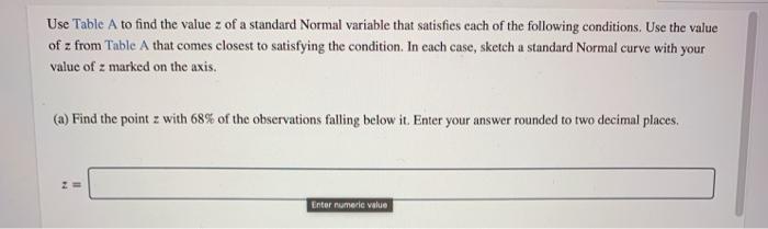 Solved Use Table A to find the value z of a standard Normal | Chegg.com