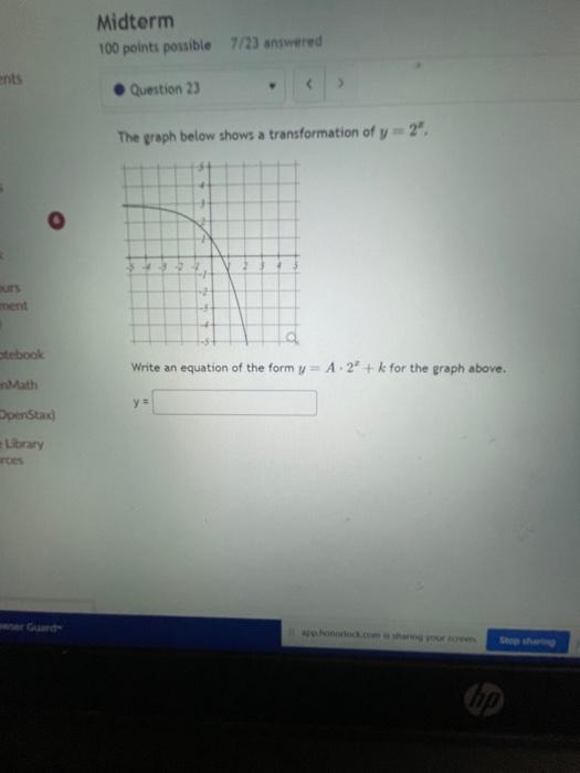 Solved The graph below shows a transformation of y=2x. Write | Chegg.com