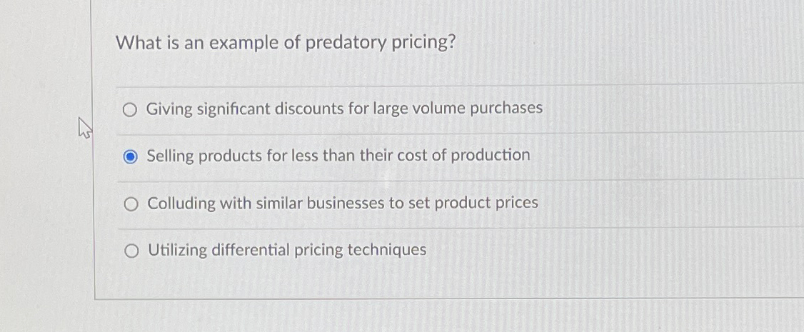 Solved What is an example of predatory pricing?Giving | Chegg.com