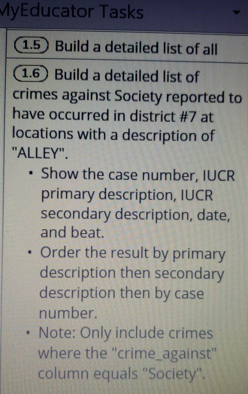 Solved MyEducator Tasks 1.5 Build a detailed list of all 1.6 | Chegg.com