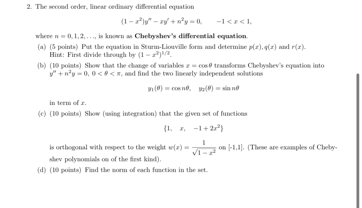 Solved The Second Order Linear Ordinary Differential